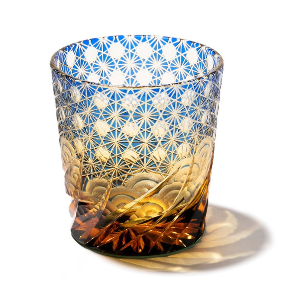Edo Kiriko Amber Azure Whiskey Glass Sazanami – omakase